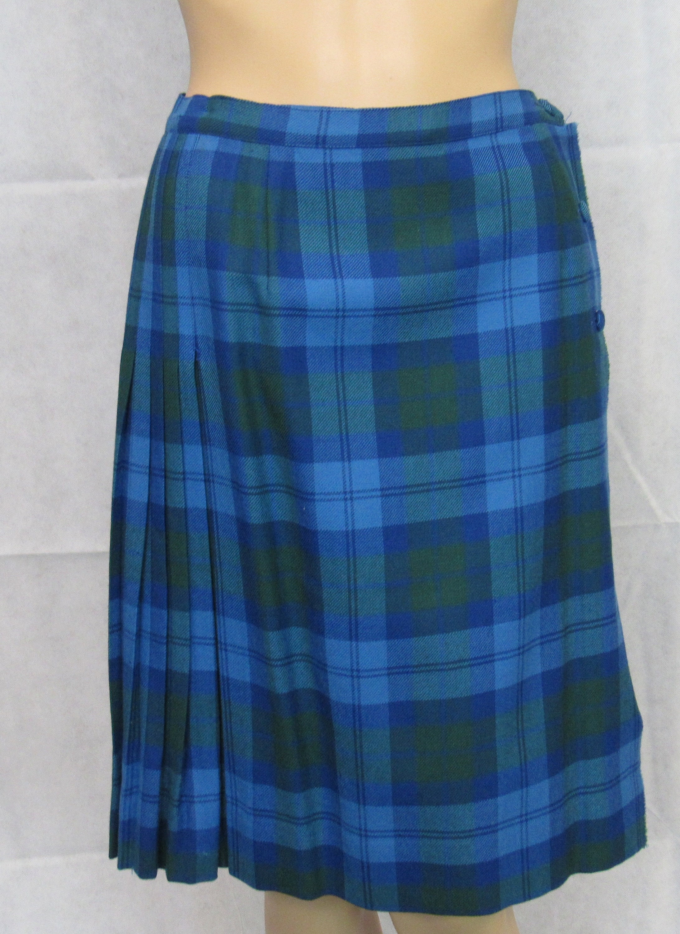 Aljean Wool Tartan Kilt Skirt 100 Wool Plaid Kilt Skirt Blue Turquoise Plaid Pleated Skirt Etsy
