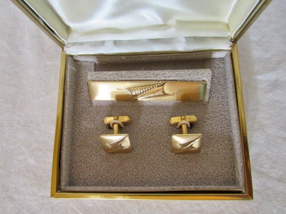 Vintage Anson Cuff Links And Tie Bar Gold MCM Cufflin… - Gem