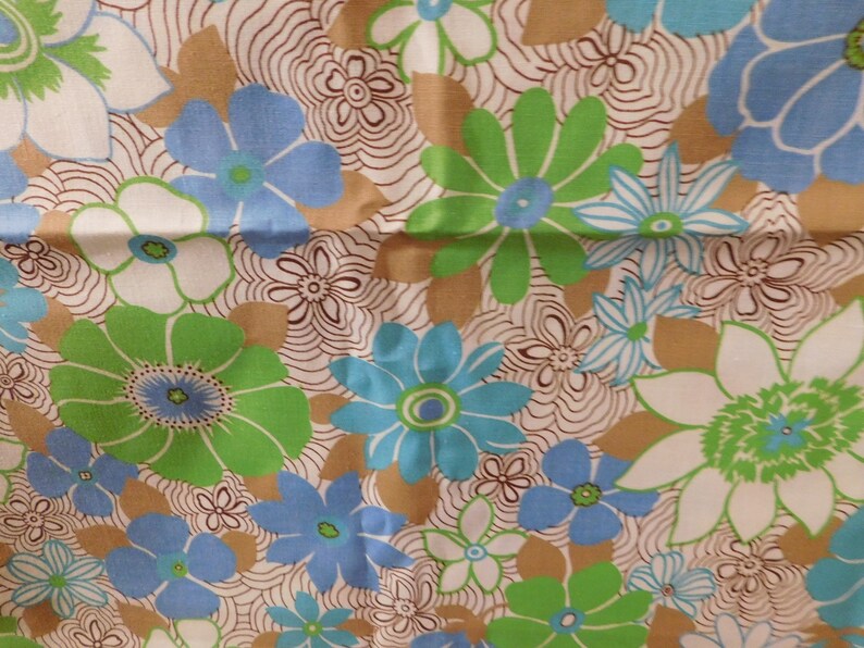 Vintage Fabric 1960s 1970s Retro Floral Fabric Blue Green - Etsy