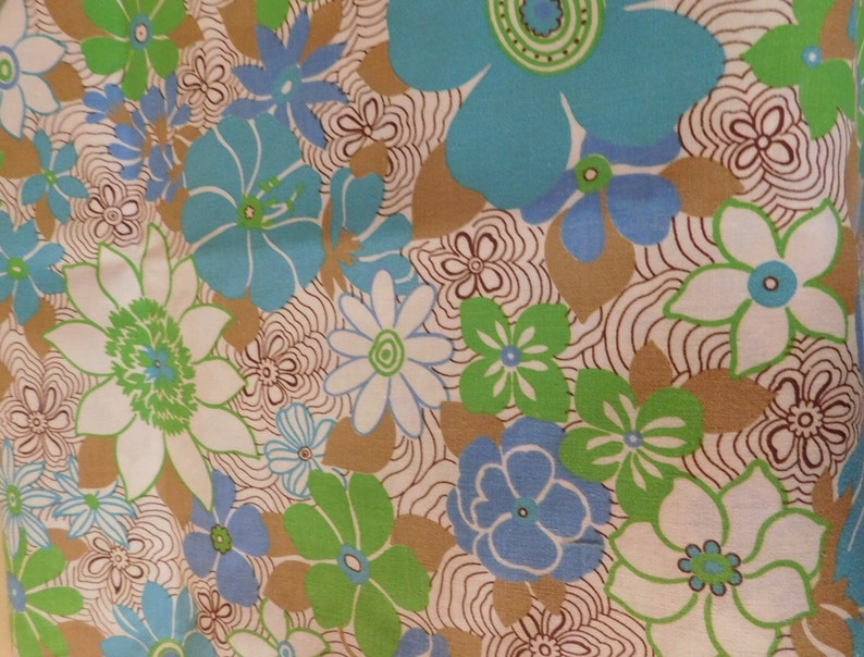 Vintage Fabric 1960s 1970s Retro Floral Fabric Blue Green - Etsy