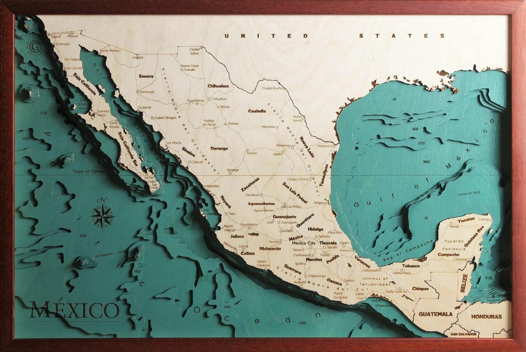 Mexico Mexico Map 3D 46 X 67 Cm 18 X 26 Inch Wooden Map Chart Laser Cut ...