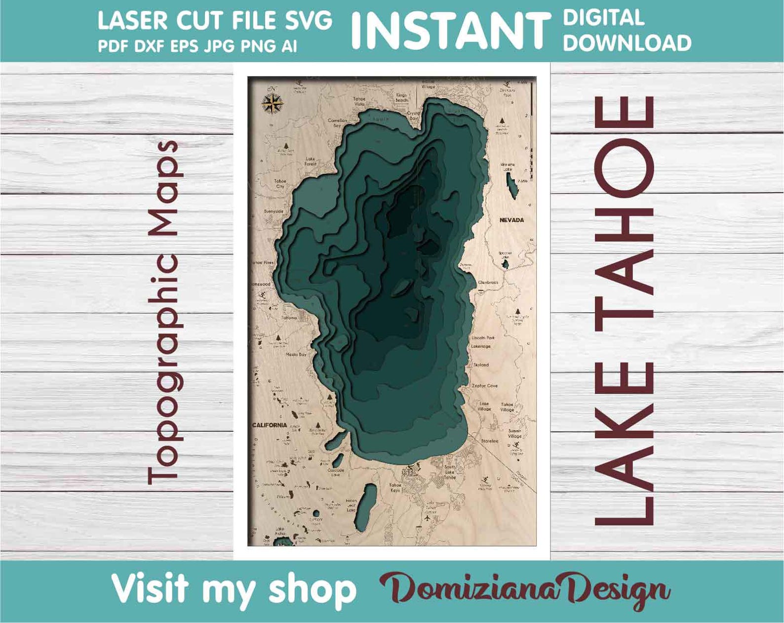 Lake Tahoe Map SVG Chart Topographic Art Decor Design File Glowforge ...