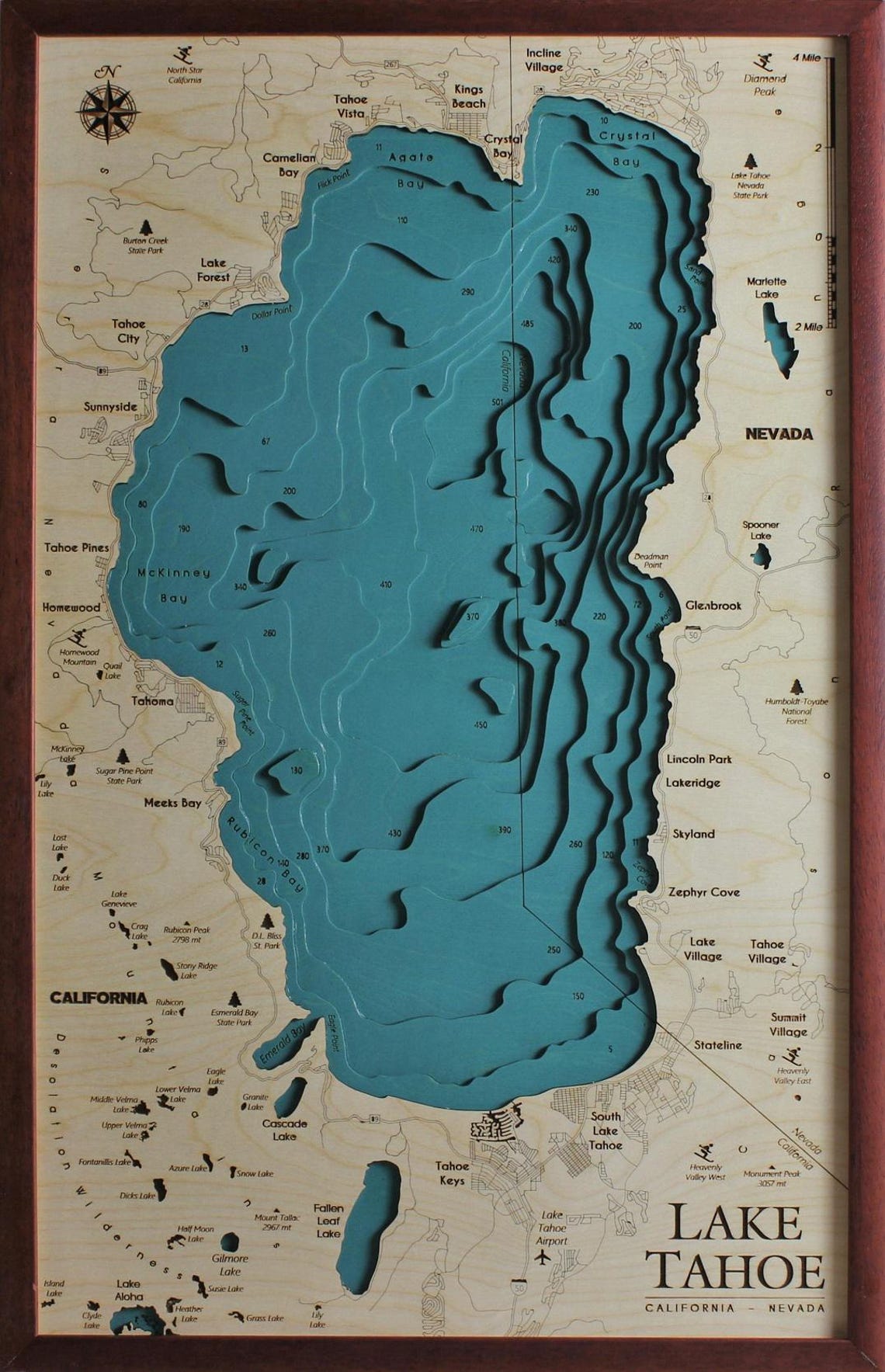 Lake Tahoe Map SVG Chart Topographic Art Decor Design File Glowforge ...