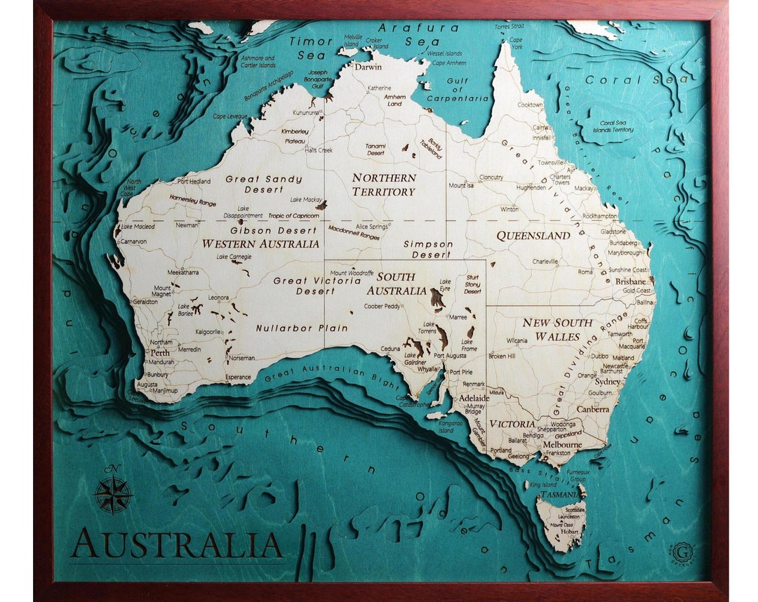 Australia Map 3D | 58 X 67 Cm | 23 X 26 Inch | Wooden Map Chart Laser ...