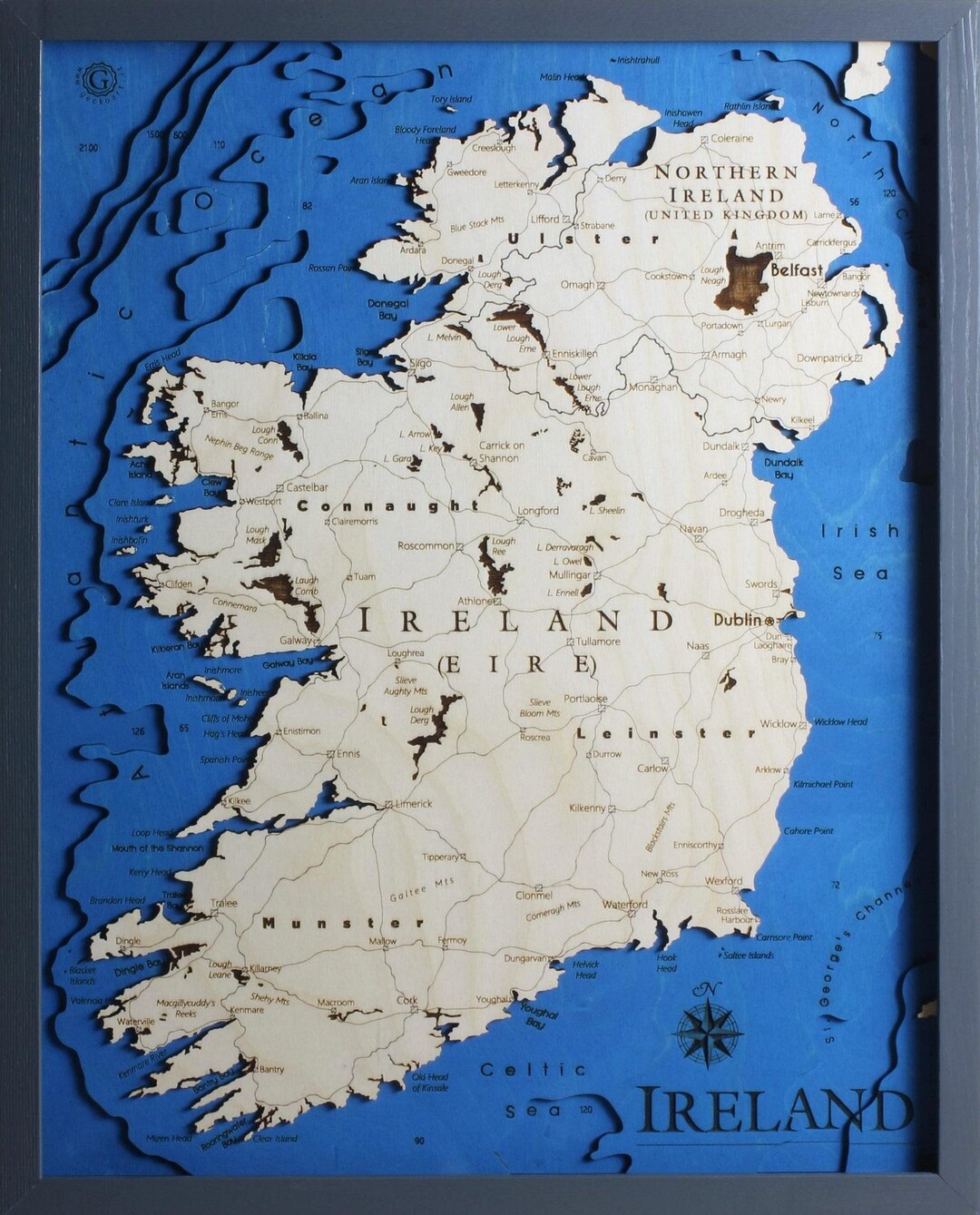 Ireland Ireland Map 3D 46 X 57 Cm 18 X 23 Inches Wooden Map Chart Laser ...