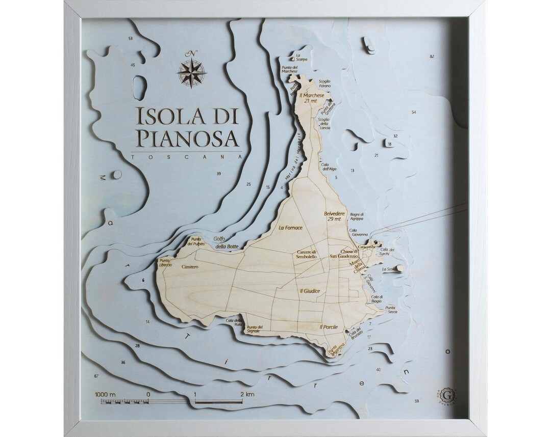 Pianosa Island Map 3D | 46 X 47 Cm | 18 X 19 Inch | Wooden Map Chart ...