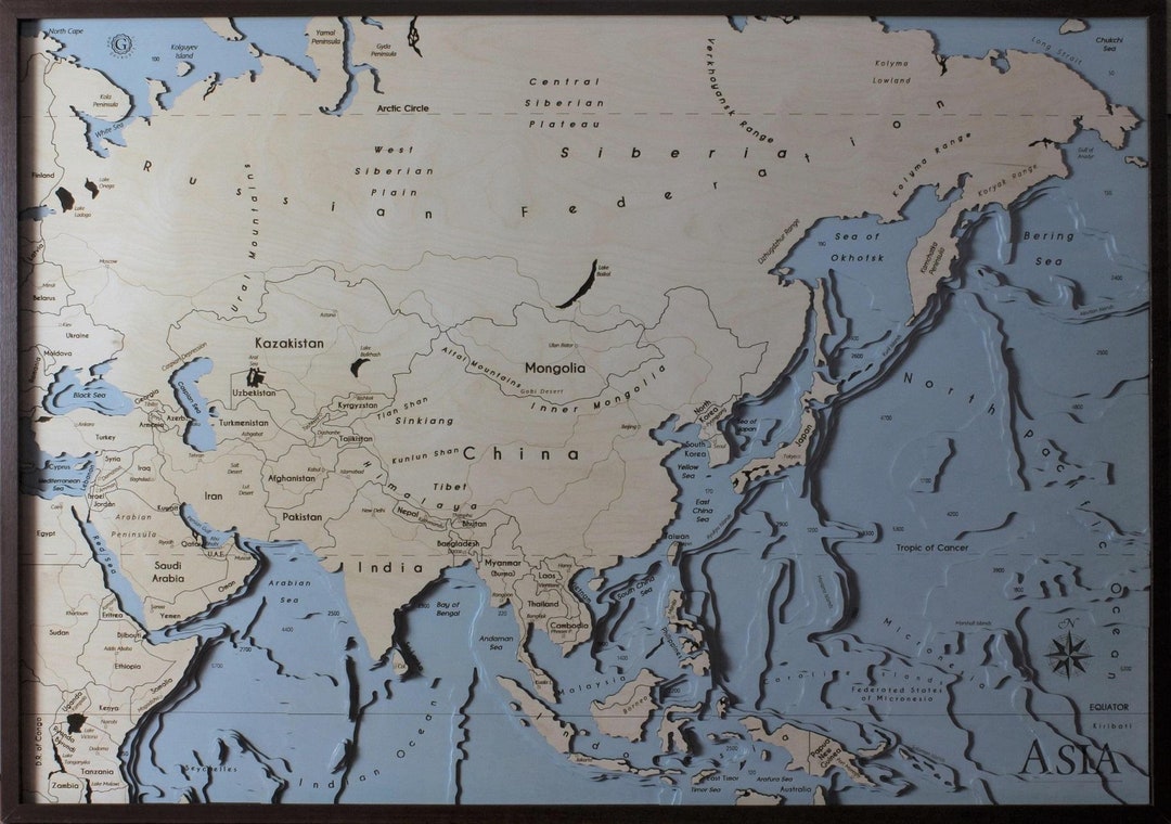 Asia Map 3D 65 X 91 Cm 26 X 36 Inch Wooden Map Chart Laser Cut Www ...