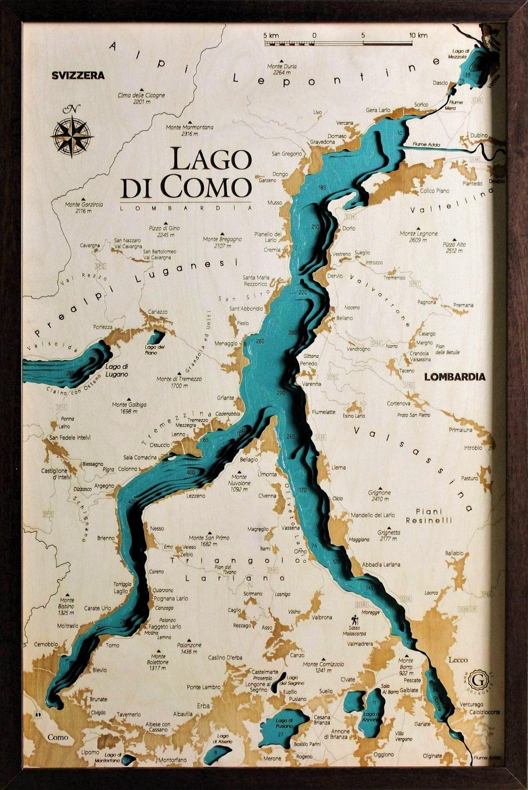 Lake Como Lake Map 3D 46 X 68 Cm 18 X 27 Inch Wooden Map Chart Laser ...