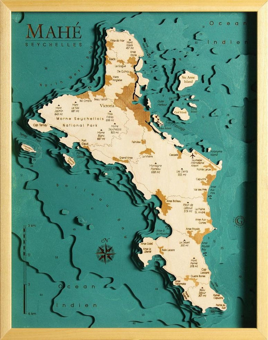 Mahé Seychelles Map 3D 46 X 57 Cm 18 X 23 Inches Wooden Map Chart Laser ...