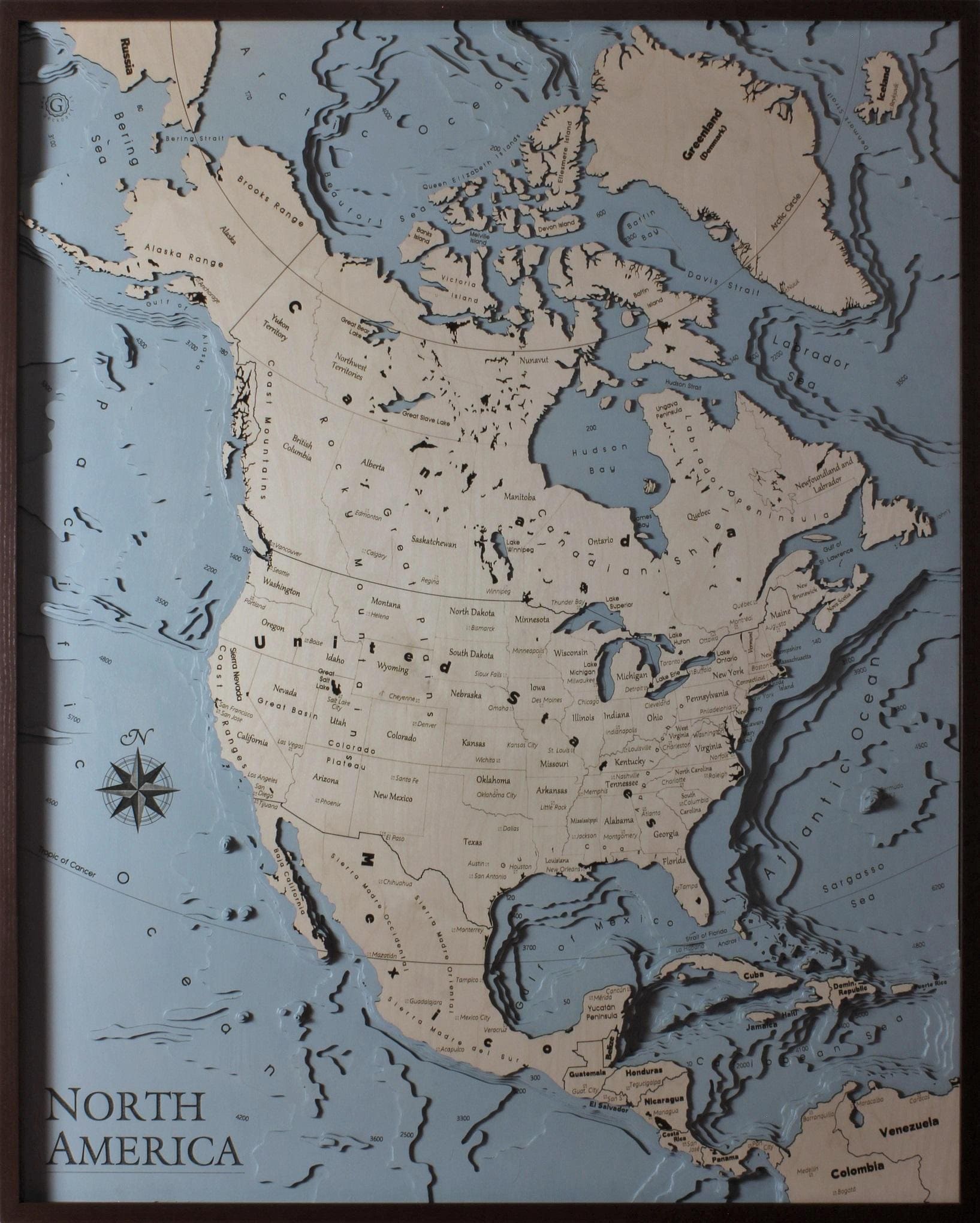 North America North America Map 3D 67 X 83 Cm 26 X 33 Inches Wooden Map ...