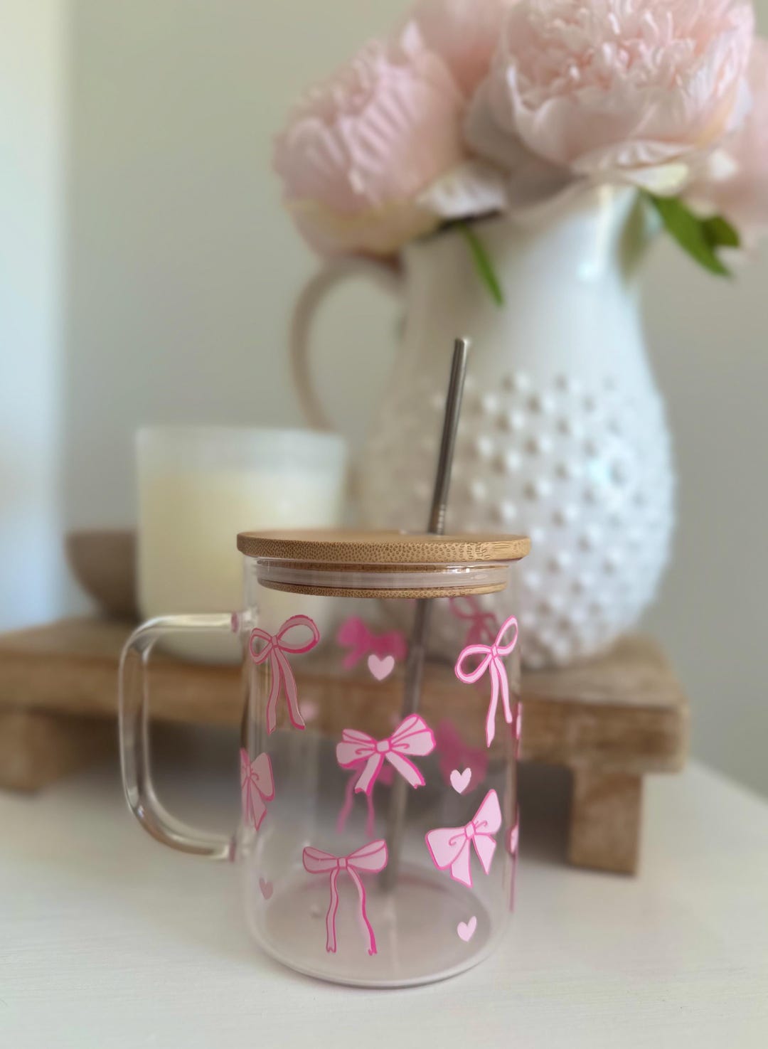 Pink Bow Glass Mug With Bamboo Lid & Metal Straw - Etsy