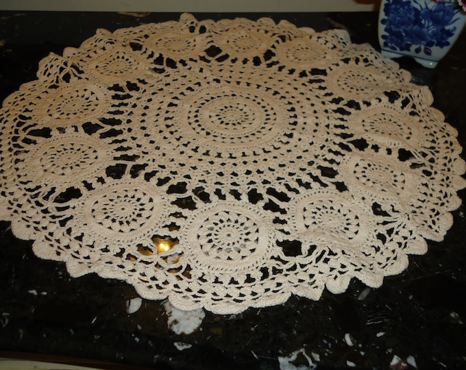Vintage HANDMADE CROCHET LACE Tray Cloth, 15 Inch Round Ecru Doilies ...
