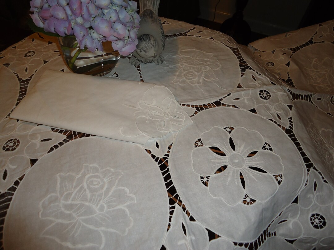 Vintage WHITE Cotton Madeira Style Embroidered Tablecloth 65 X 86 Plus ...