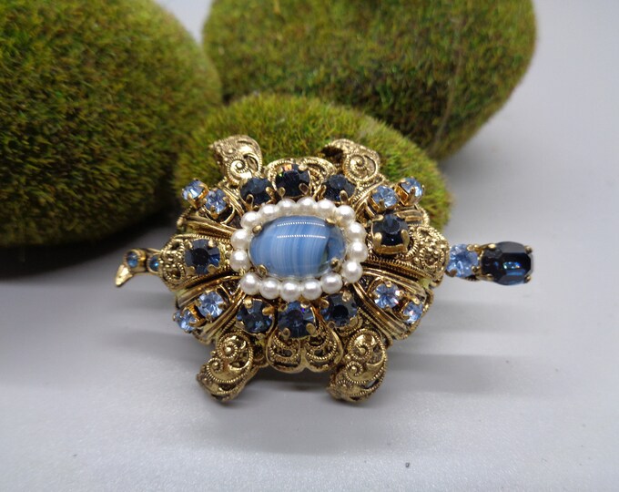 Vintage German Prussian Blue Turtle Brooch Glass Stone, Rhinestones ...