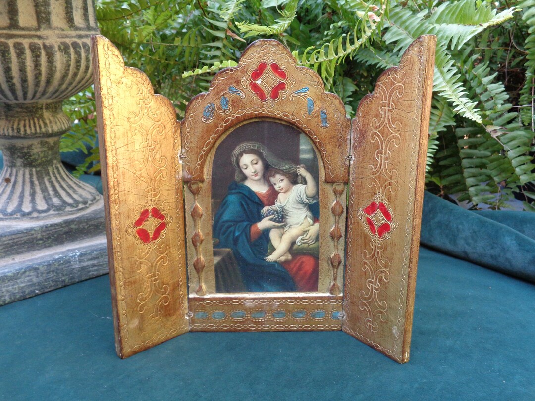 Vintage Italian Florentine Triptych "virgin of the Grapes" (1640-1650 ...