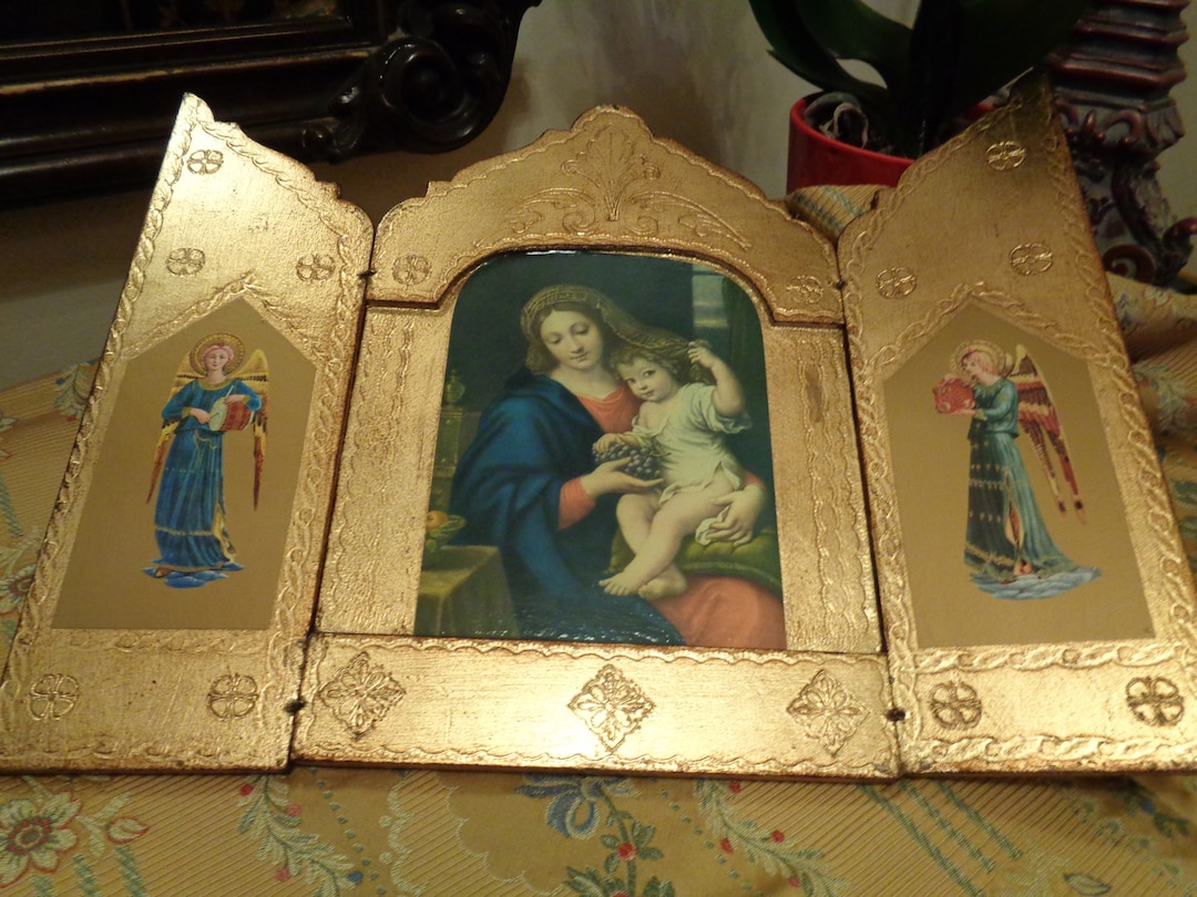 Vintage Italian Florentine Tryptic (large) "virgin of the Grapes" (1640 ...