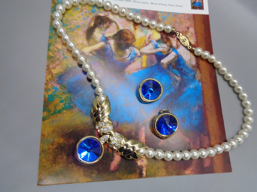 Vintage Elegant Parure PEARL Choker Necklace and Earrings With Prussian ...