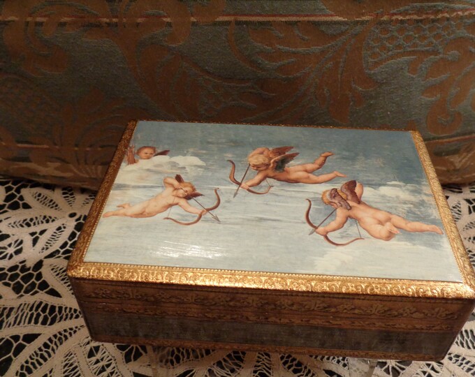 Italian Florentine Gilt Wood Hinged Trinket Box With Putti Cherubs 'the ...