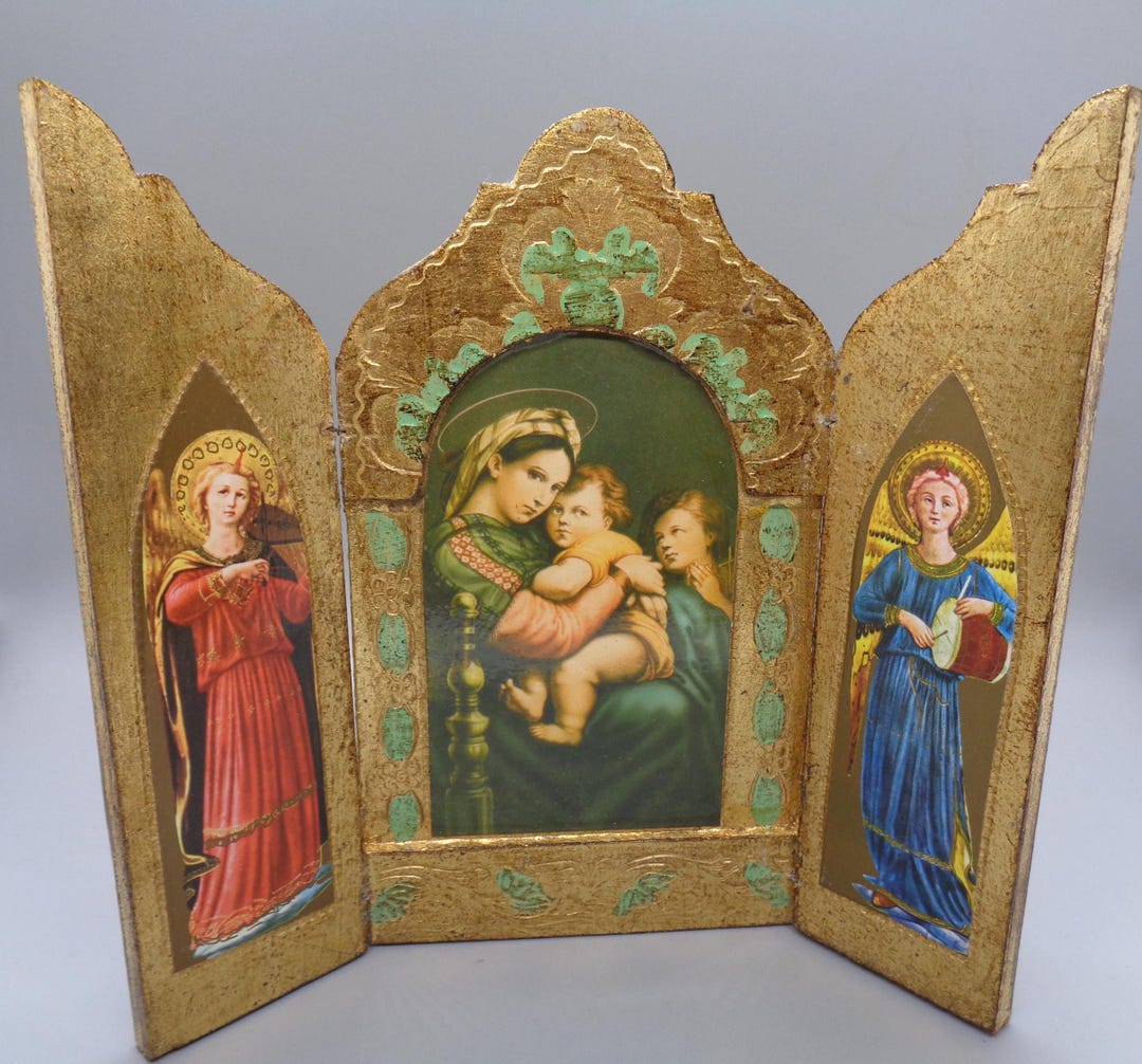 Vintage FLORENTINE Triptych "the Madonna Della Seggiola" by Raphael,c. 1513–1514 Palazzo Pitti ...