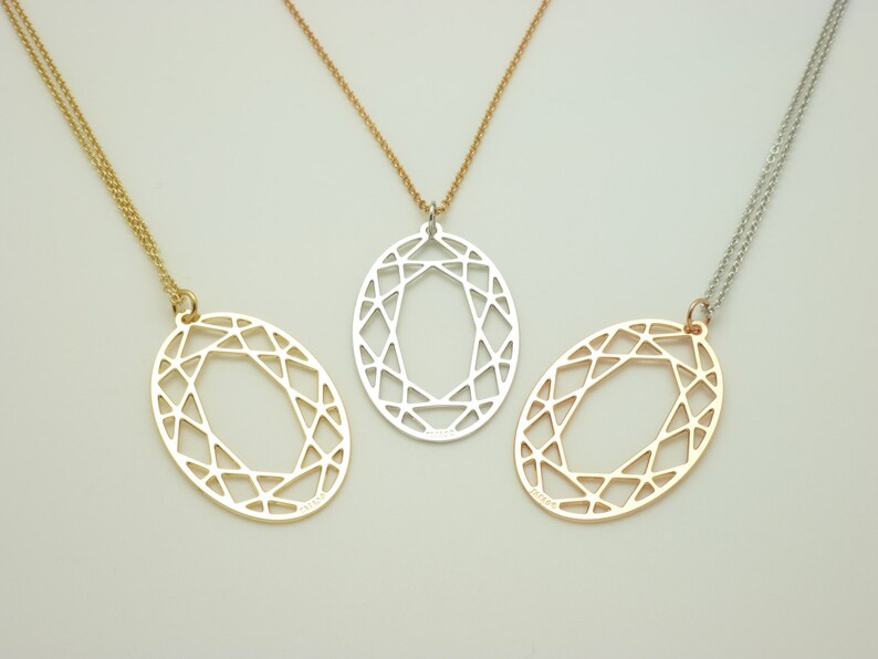 Gold Oval Shape Diamond Pendant Gold Long Chain Necklace - Etsy