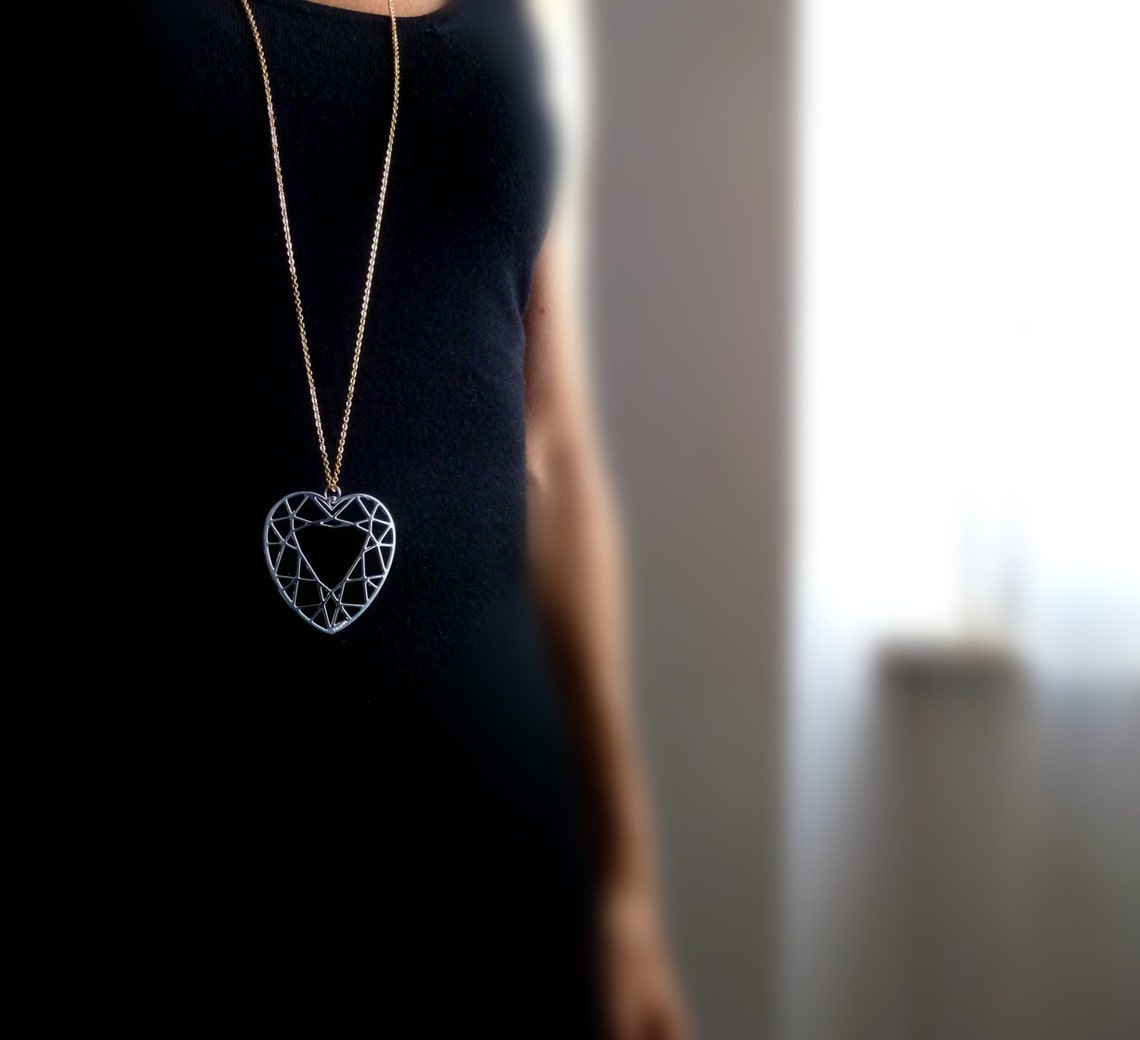 Gold Heart Diamond Pendant Long Chain Necklace Silver - Etsy