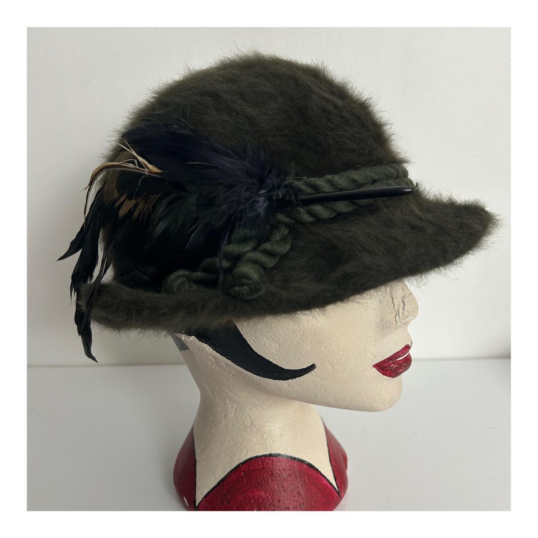 Vintage Dark Moss Green Angora Mix Rope Braid & Feather Trim Trilby ...