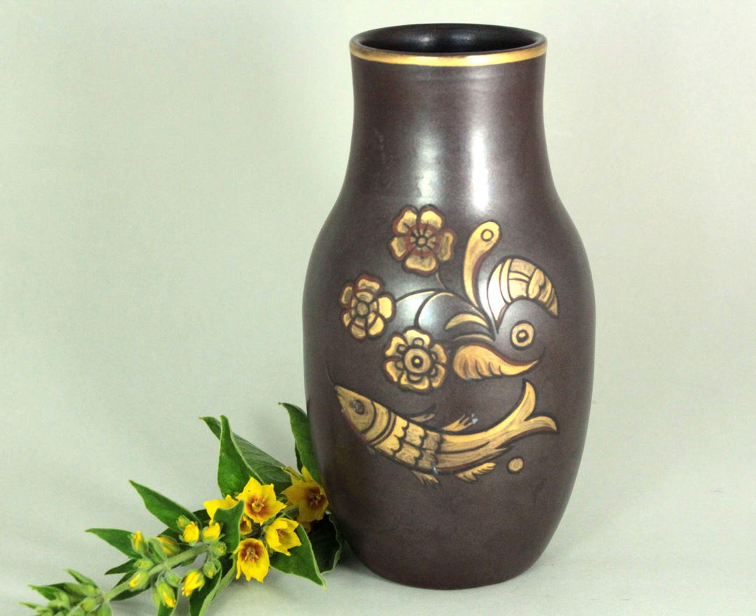 L. Hjorth Danish Art Deco Vase, Rare 1930s Hans Hjorth Stoneware, Gold ...