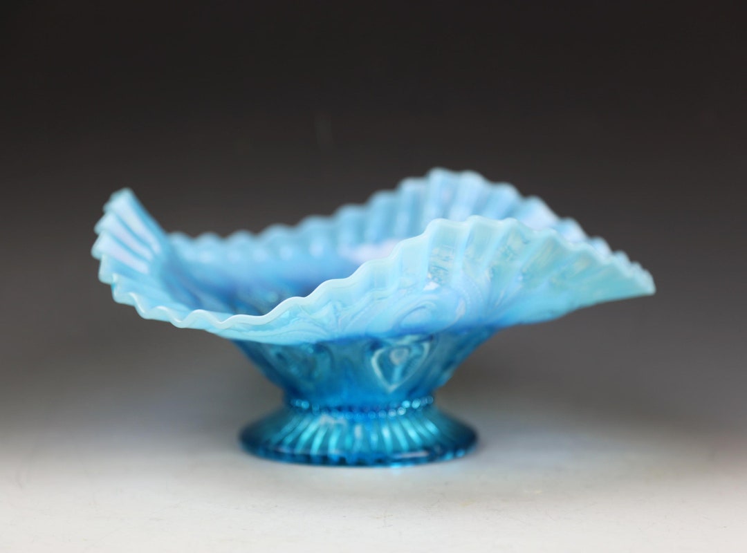 Vintage Fenton Blue Opalescent Ruffled Footed Bowl, Milky Blue Glass ...