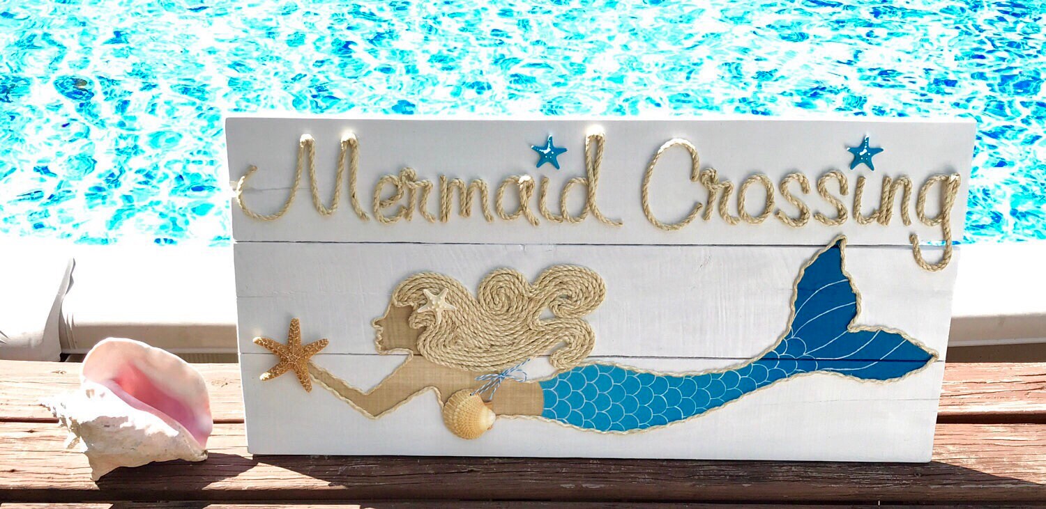 Handmade Swimming Mermaid Crossing With Rope Beach Pallet Art Coastal ...