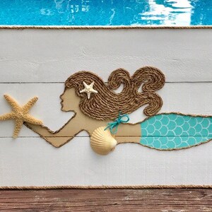 Handmade Swimming Mermaid With Rope Beach Pallet Art Coastal Decor ...