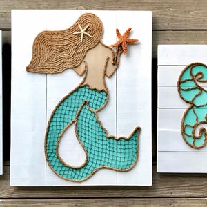 Handmade Mermaid With Rope© Beach Pallet Art, Coastal Decor, Nautical ...