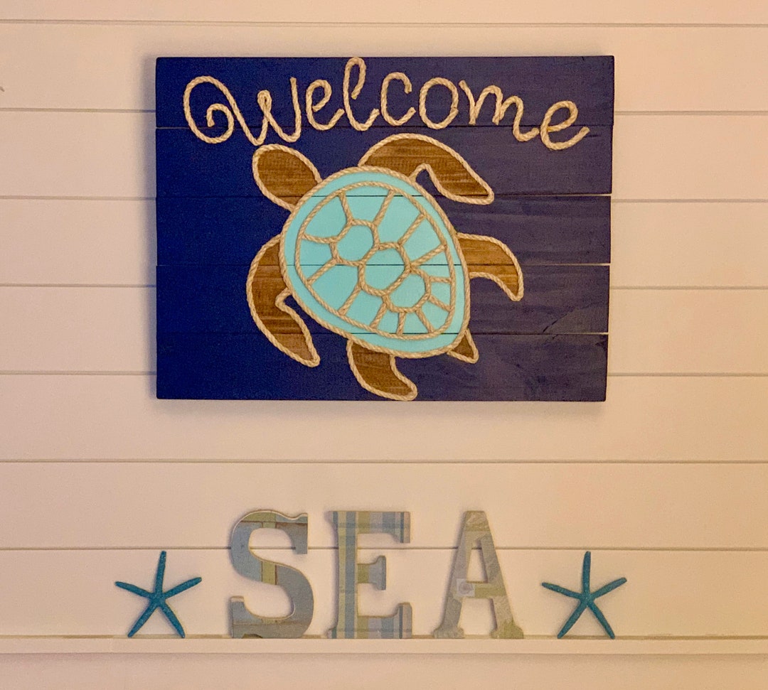 Handmade "welcome" Turtle With Rope Beach Pallet Art Coastal Decor ...