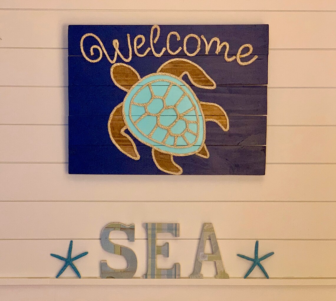 Handmade welcome Turtle With Rope Beach Pallet Art | Etsy