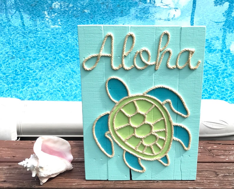 Handmade Aloha Turtle With Rope Beach Pallet Art, Coastal Decor, Rope ...