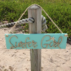 Handmade Surfer Girl With Rope Beach Pallet Art Rope Art Coastal Decor ...