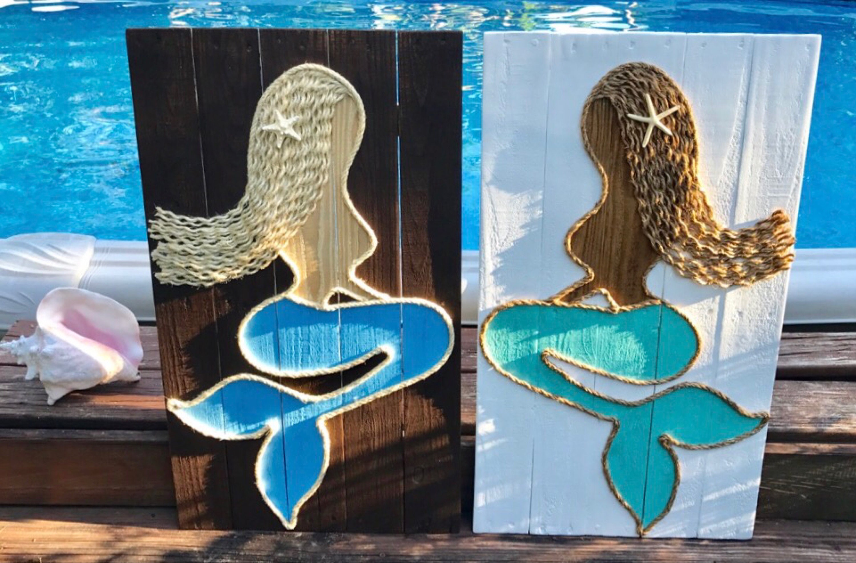 Handmade Mermaid With Rope Beach Pallet Art Coastal Decor Rope - Etsy