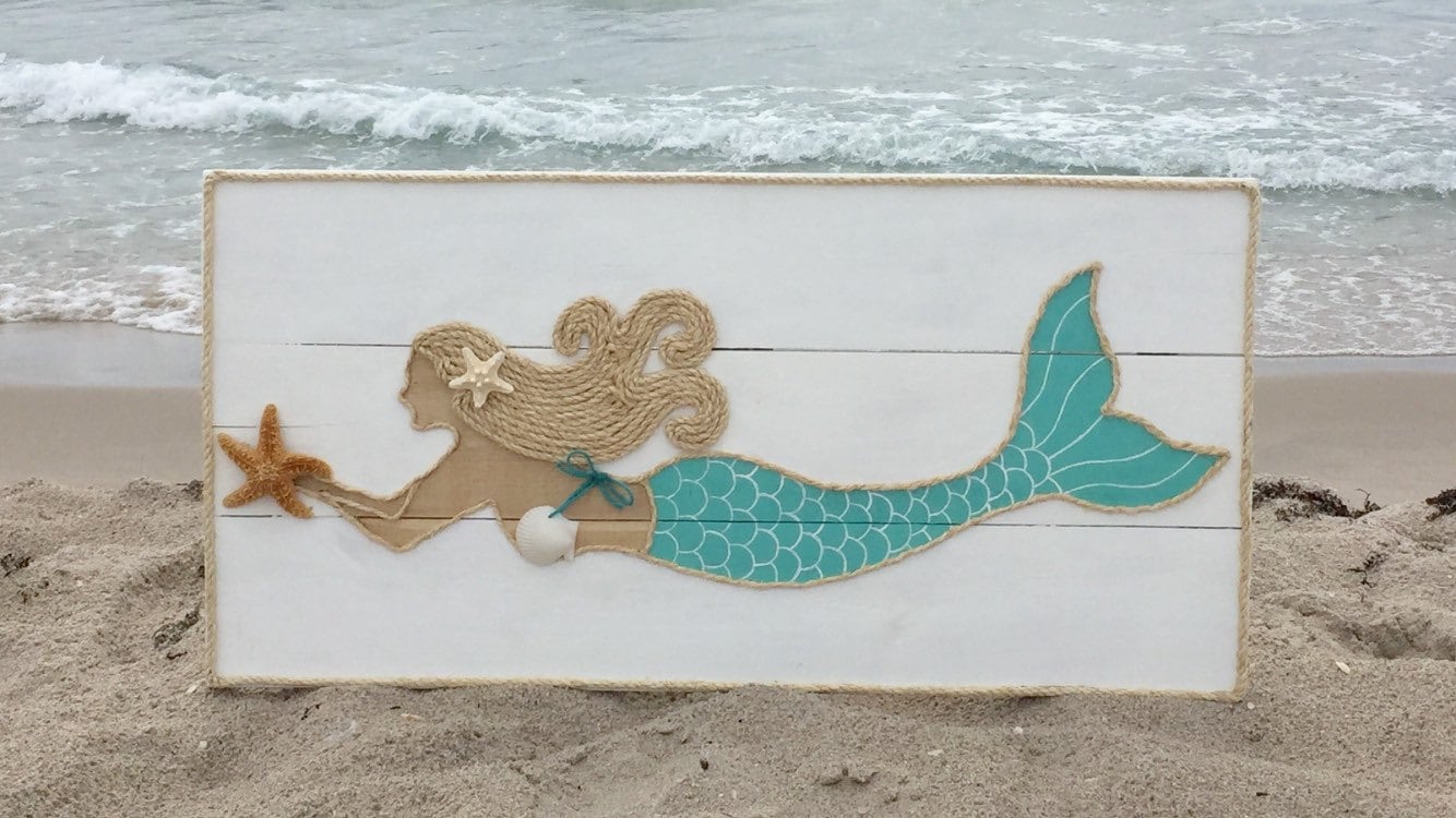 Handmade Swimming Mermaid With Rope Beach Pallet Art, Coastal Decor ...