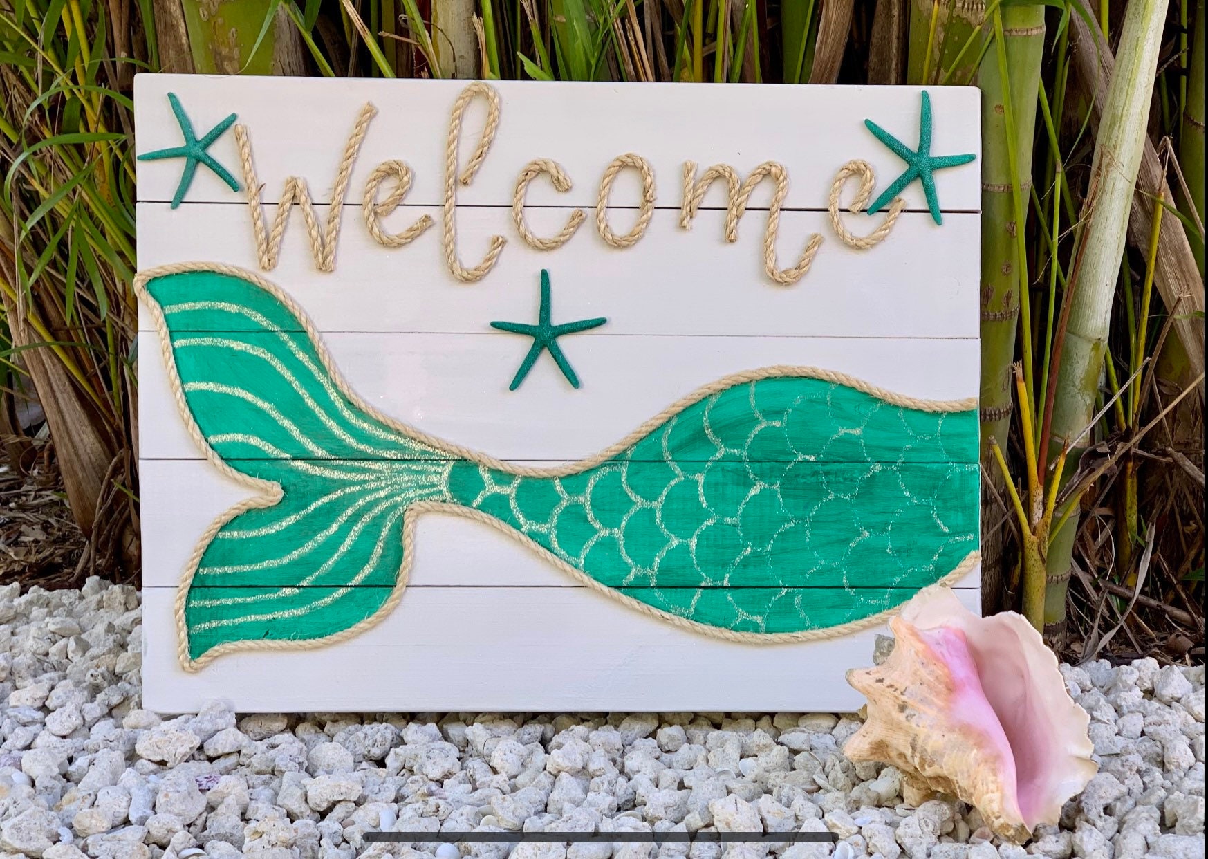Handmade “welcome” Mermaid With Rope Beach Pallet Art Mermaid Art ...