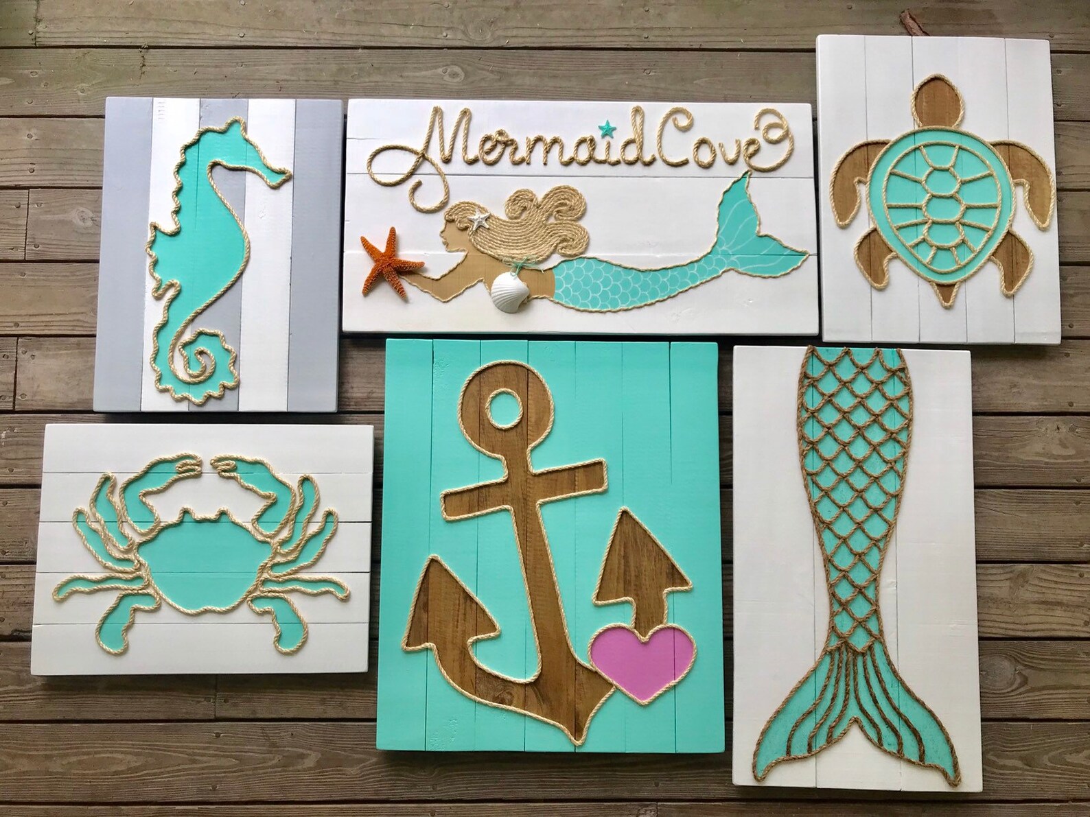 Handmaid Mermaid Tail With Rope Beach Pallet Art Mermaid Art Coastal ...