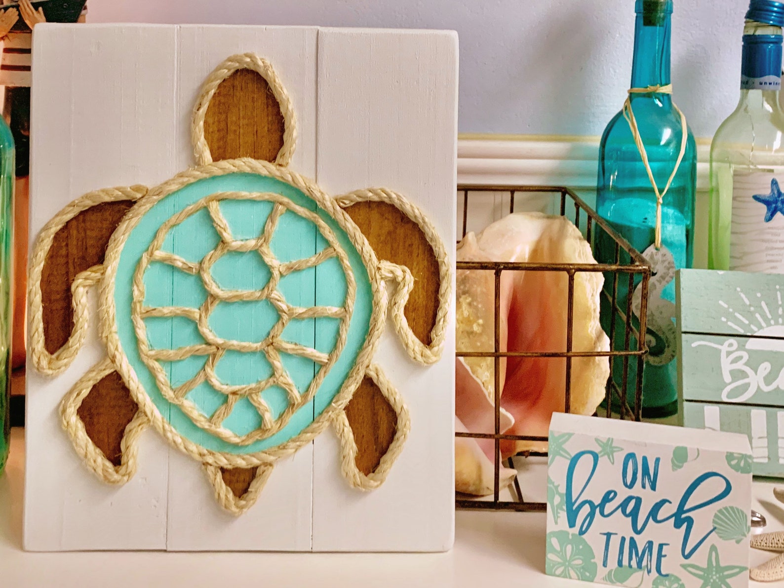 Handmade Turtle With Rope© Beach Pallet Art Coastal Decor Rope - Etsy