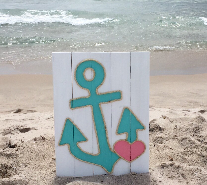 Handmade Anchor & Pink Heart With Rope Beach Pallet Art Coastal Decor ...