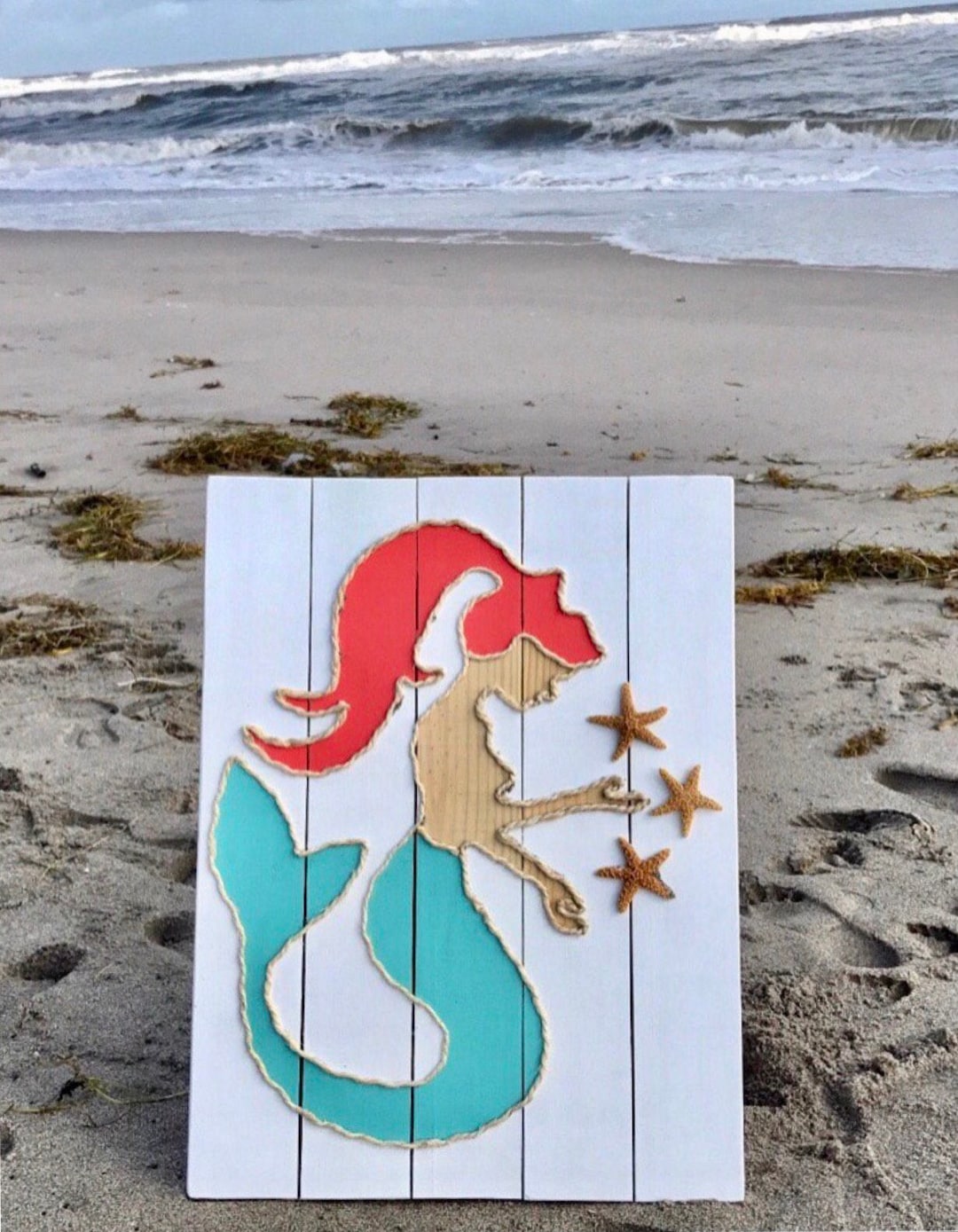 Handmade Mermaid With Rope Beach Pallet Art Coastal Decor Mermaid Art ...