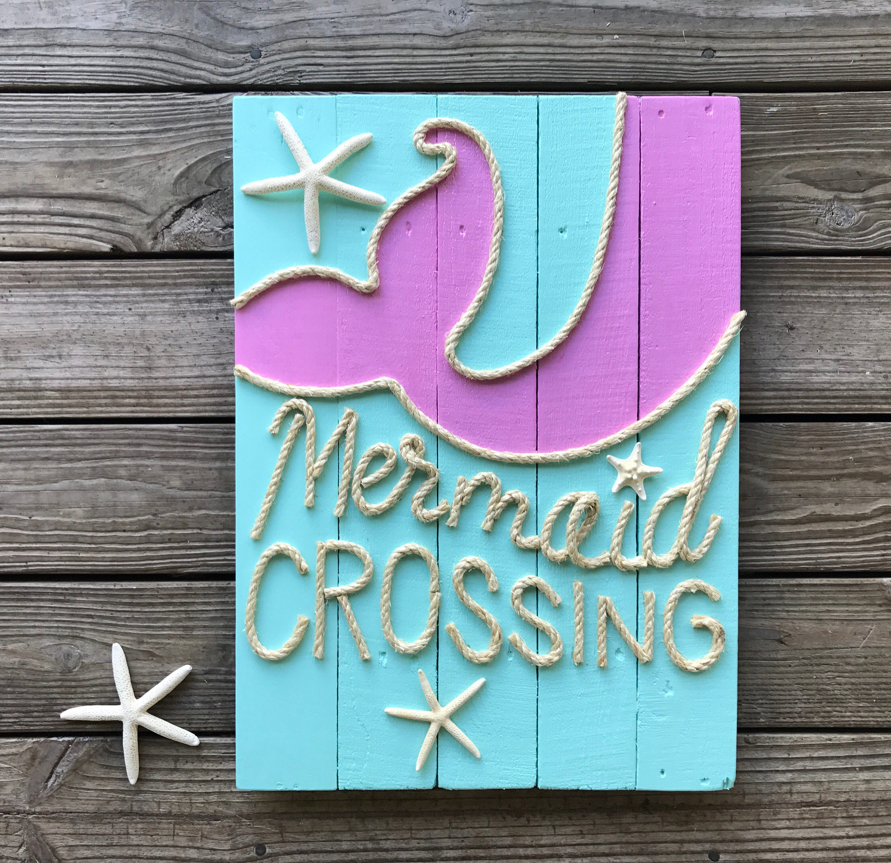 Handmade Mermaid Crossing with Rope Beach Pallet Art | Etsy