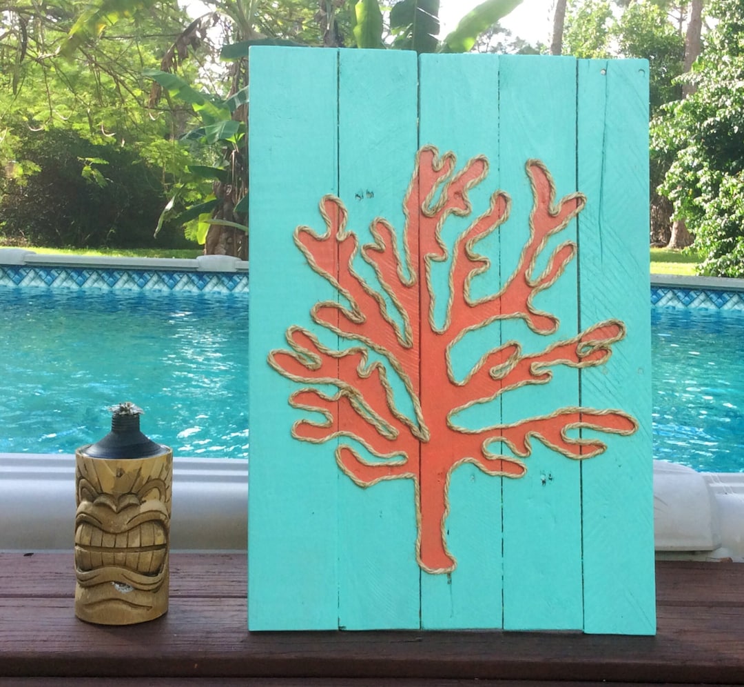 Handmade Coral With Rope Beach Pallet Art, Nautical Art, Coastal Decor ...