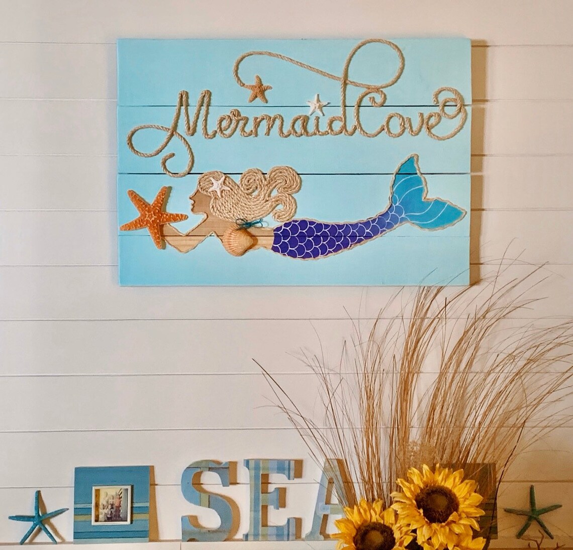 Handmade Mermaid Cove Mermaid With Rope Beach Pallet Art Coastal Decor ...