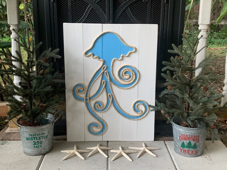 Handmade Jellyfish With Rope Beach Pallet Art Coastal Decor - Etsy