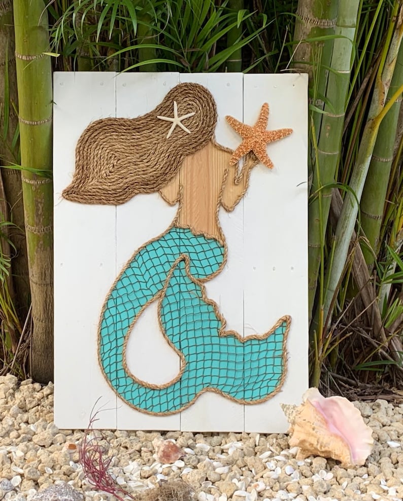 Handmade Mermaid With Rope© Beach Pallet Art Coastal Decor | Etsy