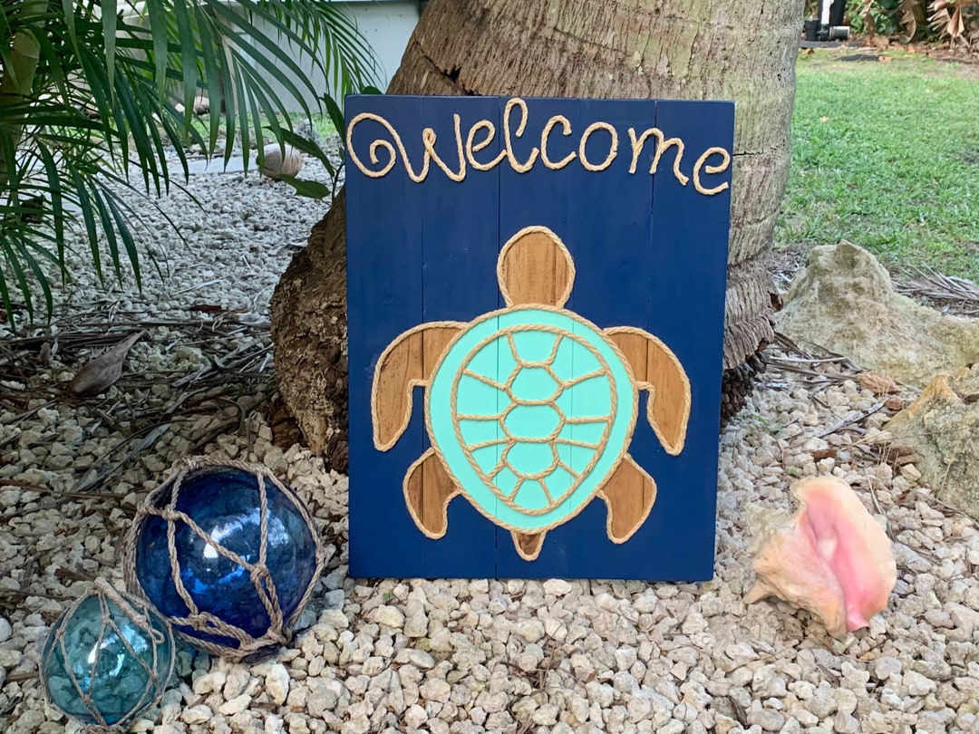 Handmade Welcome Turtle With Rope Beach Pallet Art Coastal Decor ...