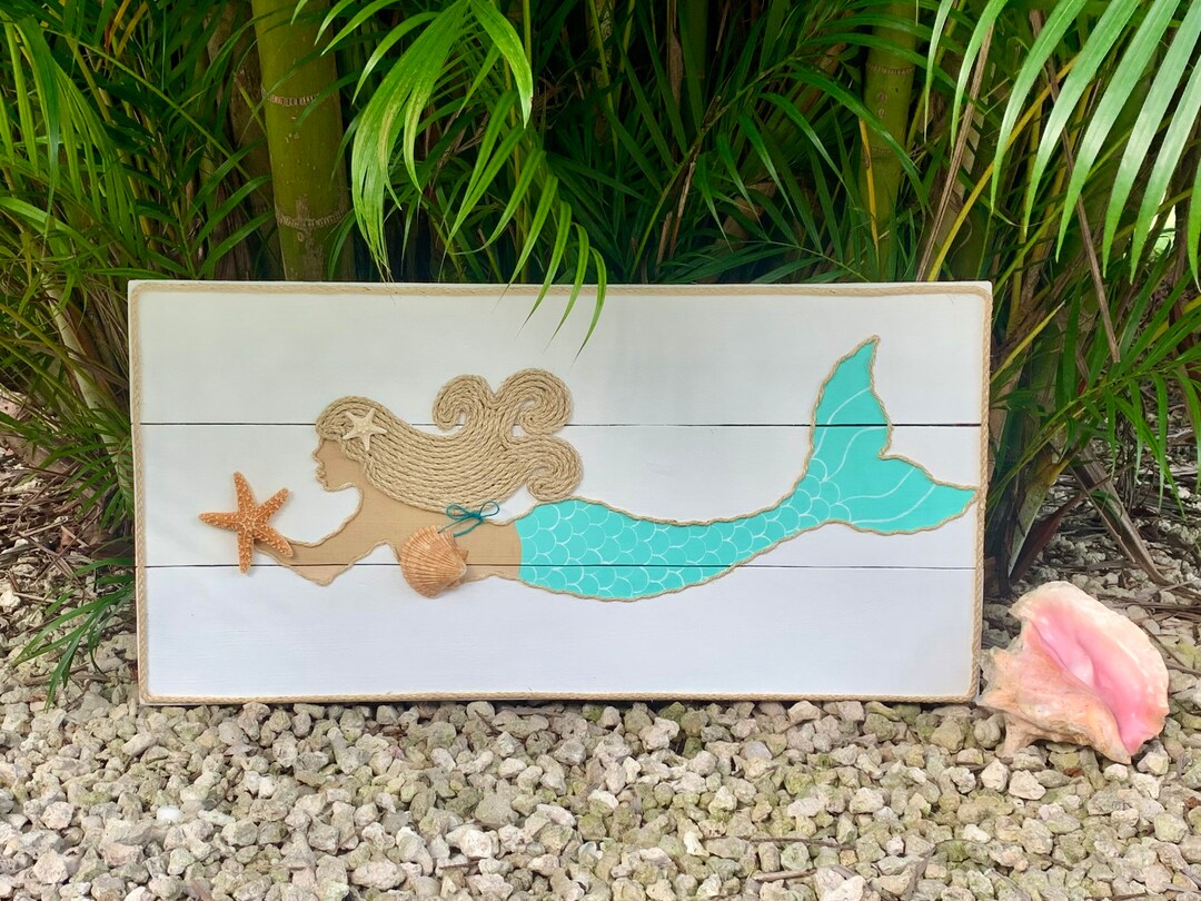 Handmade Swimming Mermaid With Rope Beach Pallet Art, Coastal Decor ...