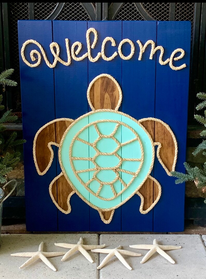 Handmade Welcome Turtle With Rope Beach Pallet Art Coastal | Etsy